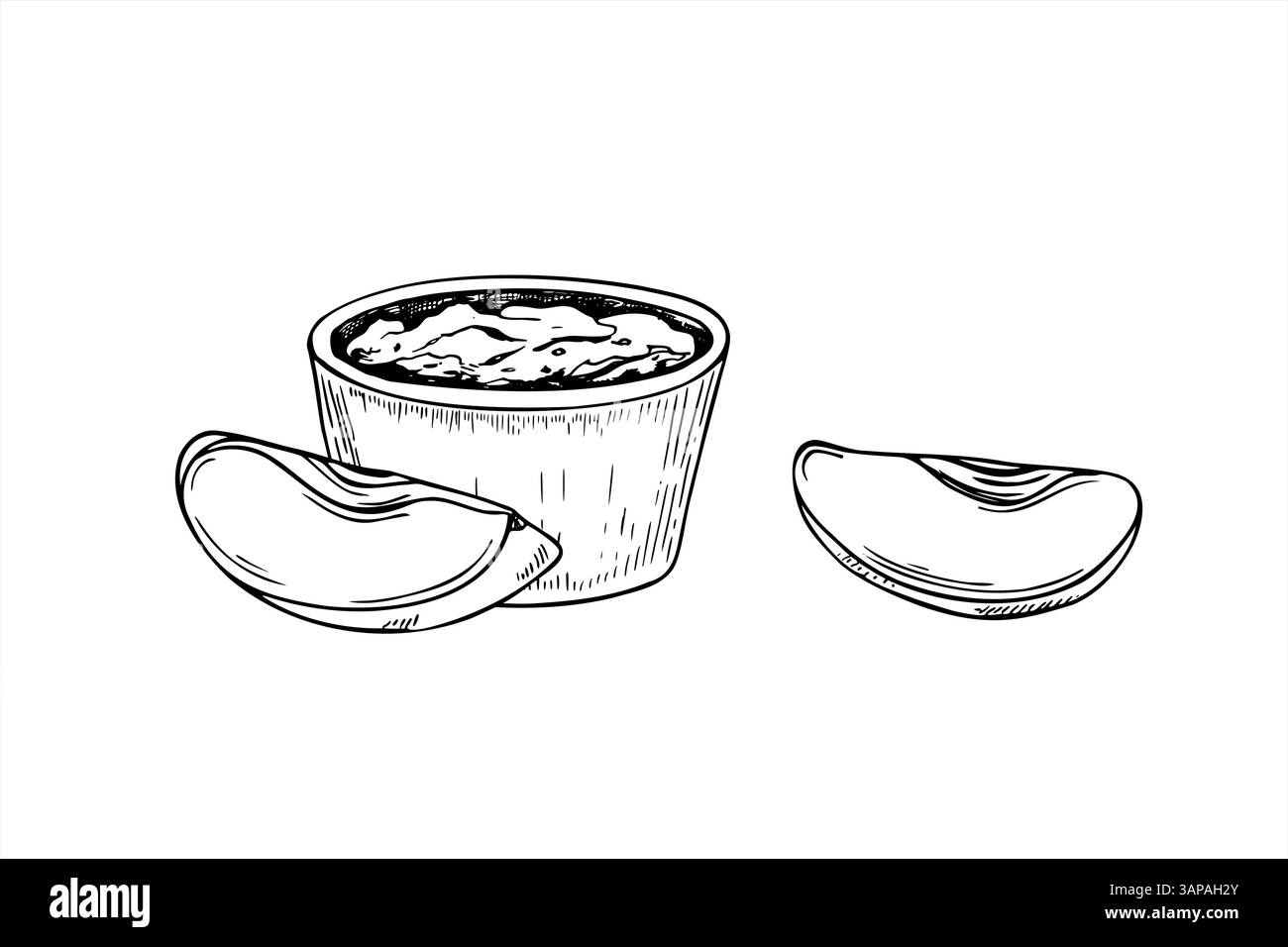 Hand drawn ceramic bowl with jam and two apple slices next to it line ...