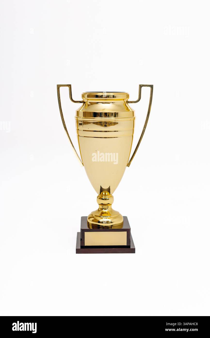 The golden trophy atop a polished wooden base symbolizes victory and ...