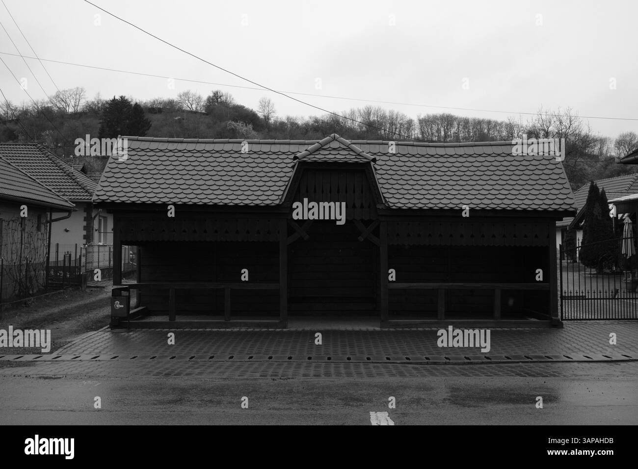 Black and white image of a wooden bus stop in the village of Curteni ...