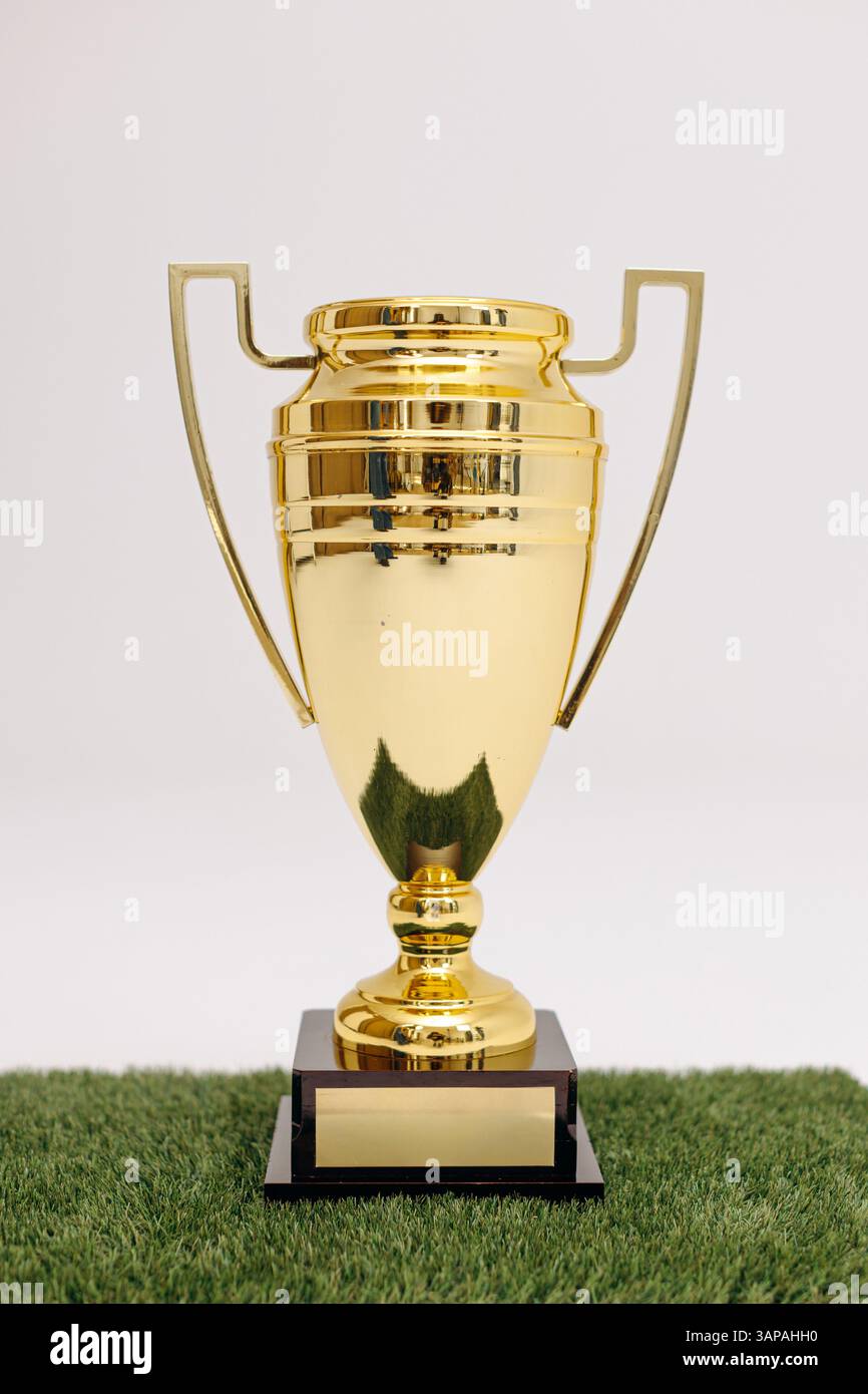 A shiny golden trophy rests on vibrant green turf, symbolizing success ...