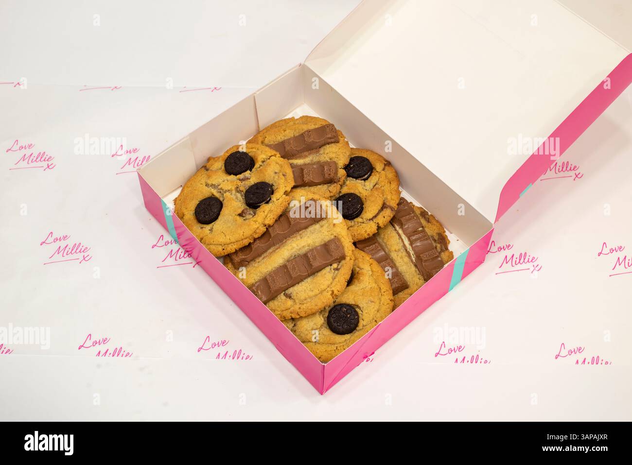 Sheffield, UK – 9 Sept 2019: Mixed loaded cookies topped with Kinder ...