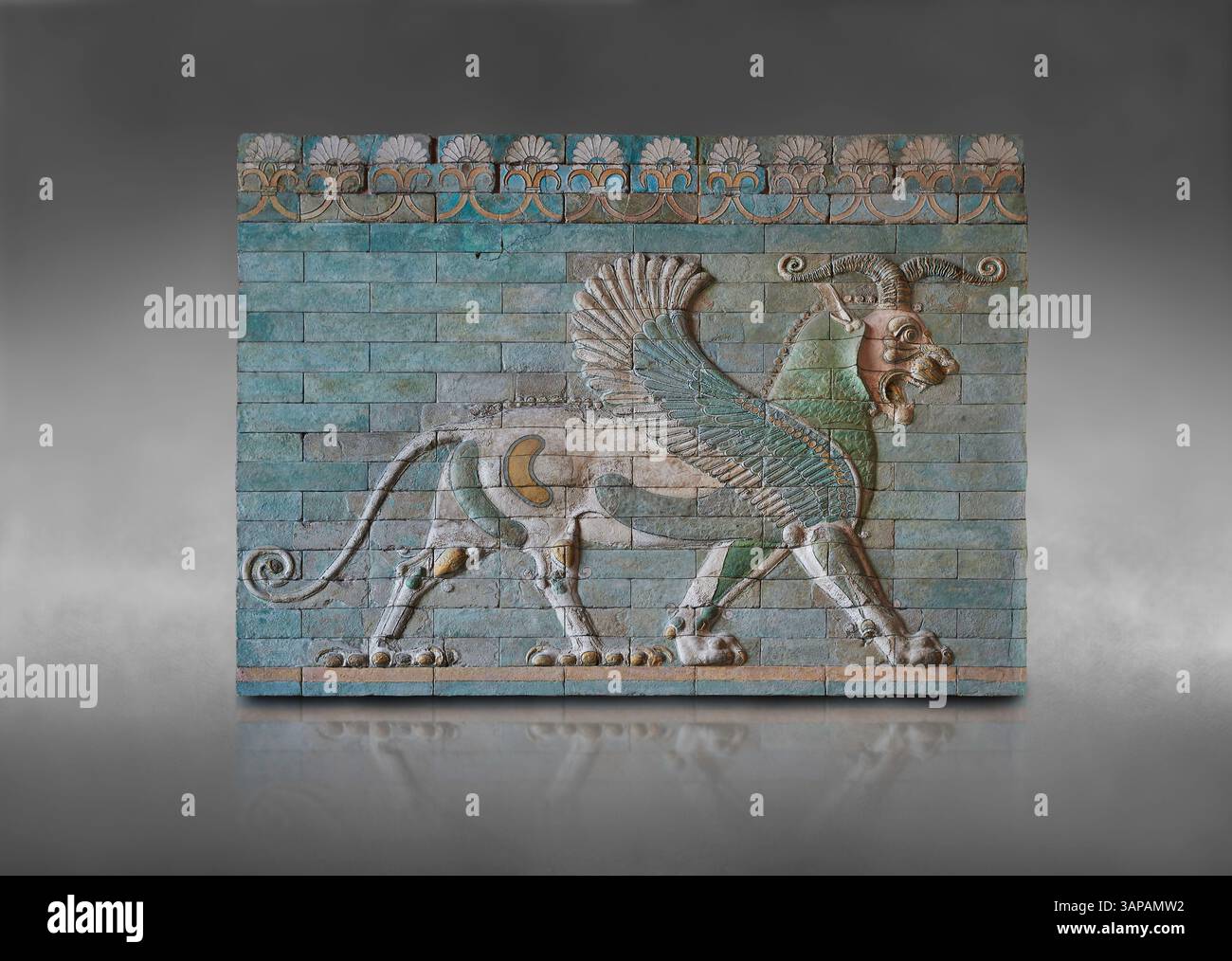 Coloured glazed terracotta tiled panels depicting mythical Griffins ...