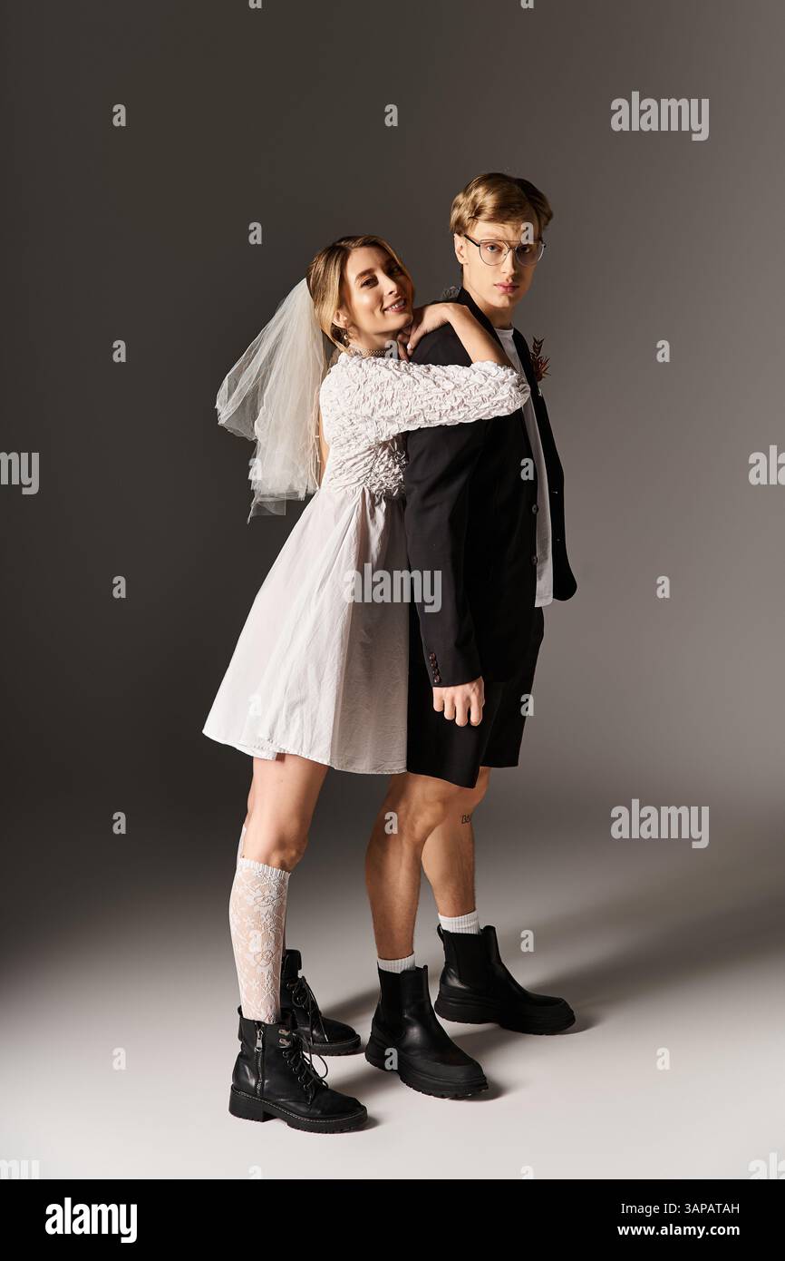 A joyful couple poses for their spring wedding, showcasing a blend of ...