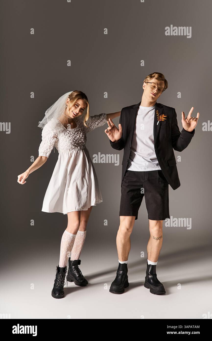 Joyful couple embraces their spring wedding day with stylish outfits ...