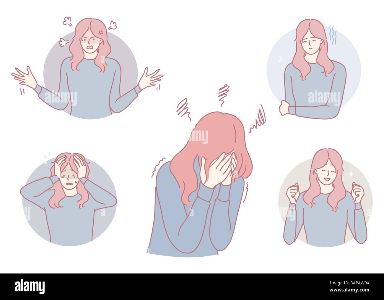 Illustration depicting various emotional states of a woman, showcasing ...