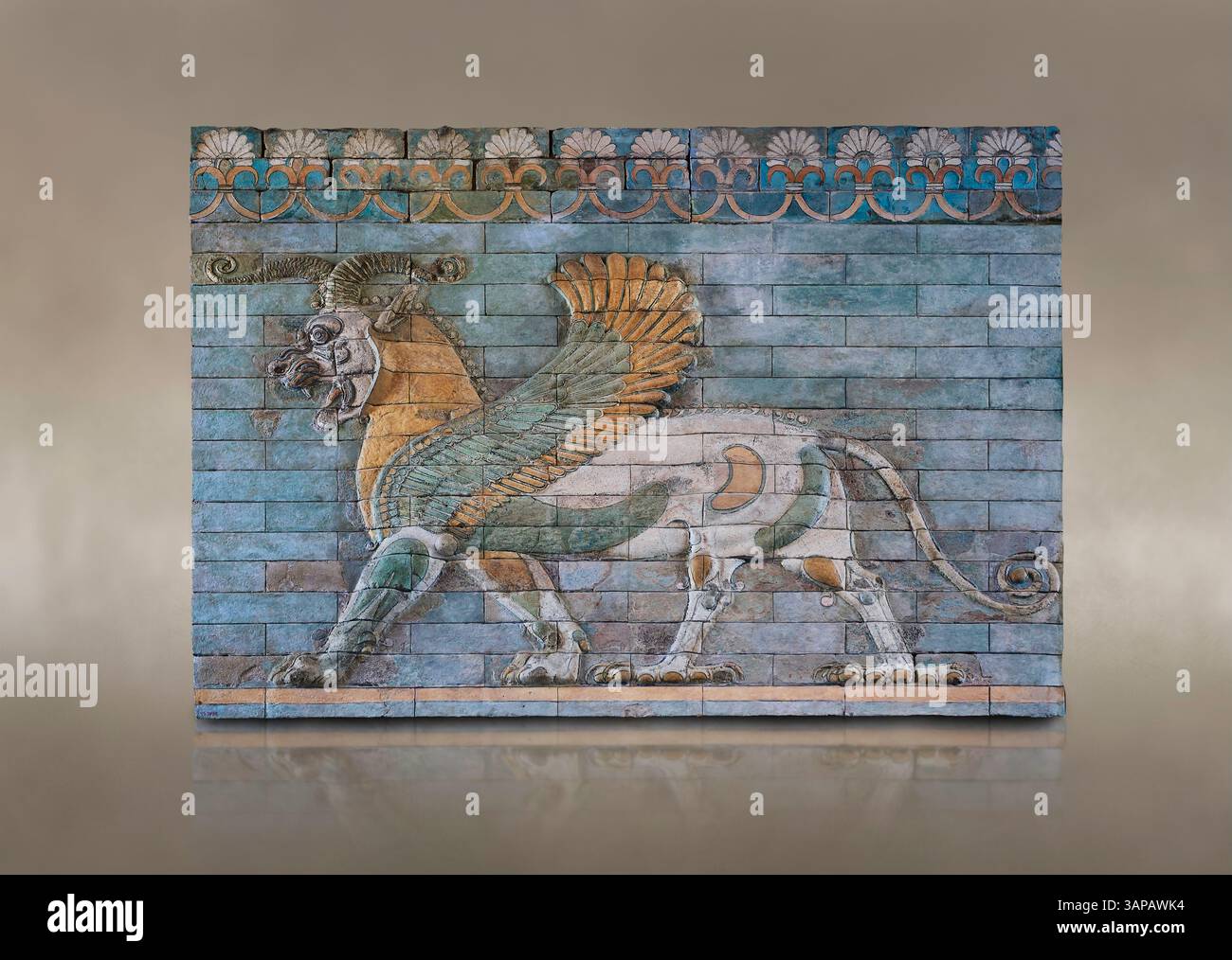 Coloured glazed terracotta tiled panels depicting mythical Griffins ...