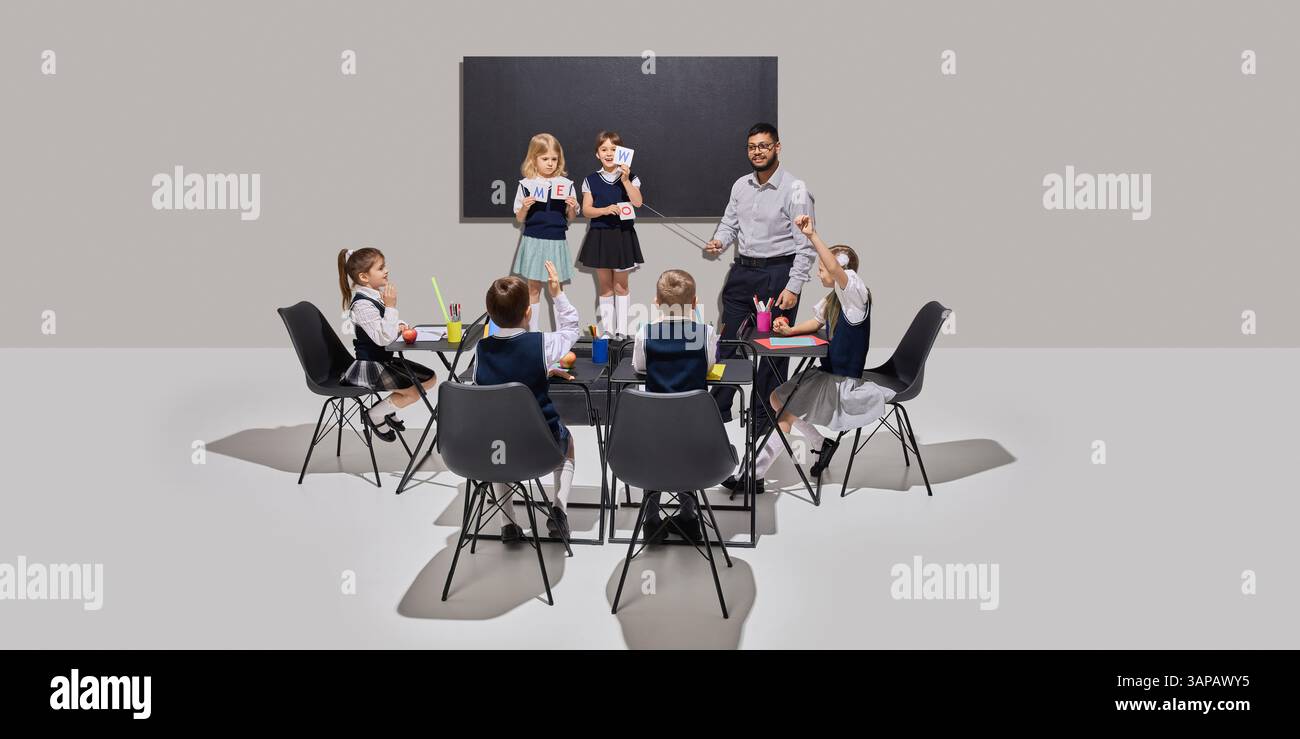 Creative English lesson with teacher and children using flashcards and ...