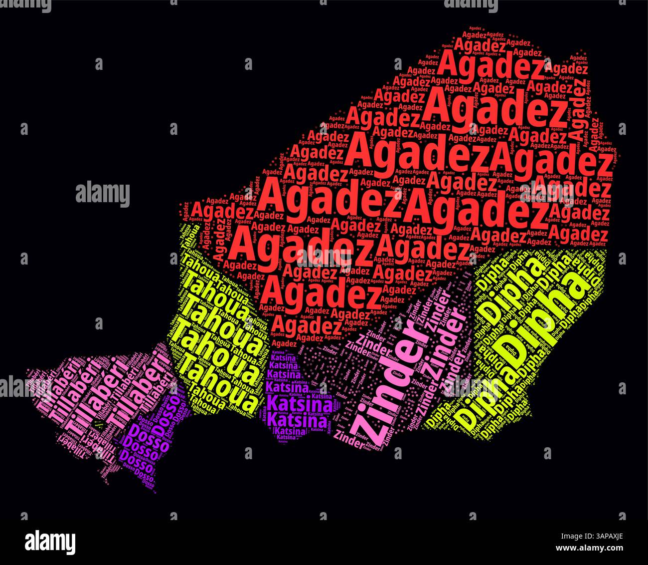 Niger Regions Word Clouds. Bright neon style design on dark background ...