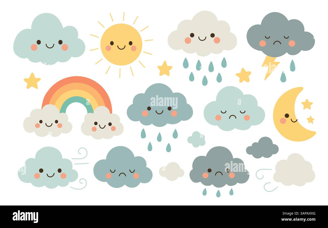 Cute weather elements with smiling sun, clouds, thunder, and raindrops ...