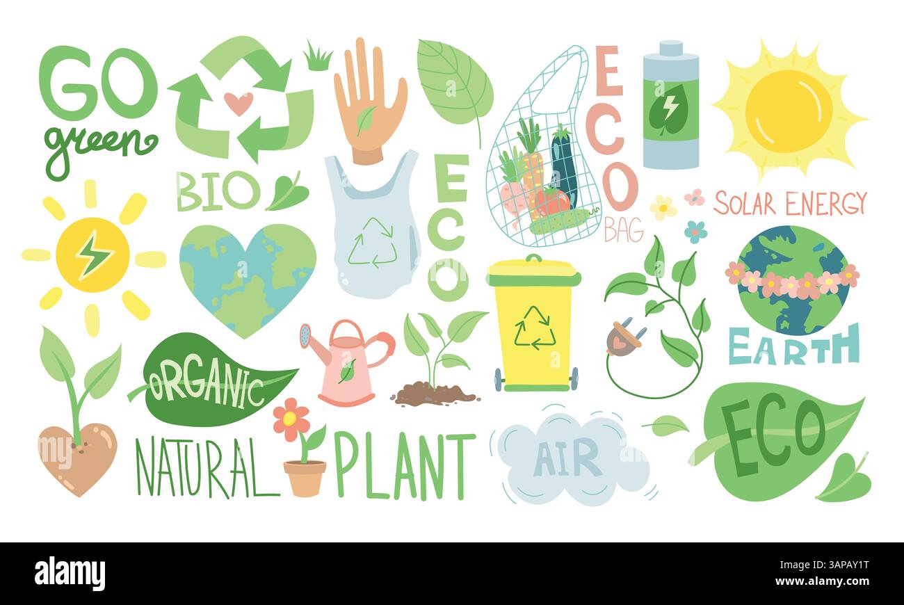 Eco-friendly illustration with recycling icons, green energy, compost ...
