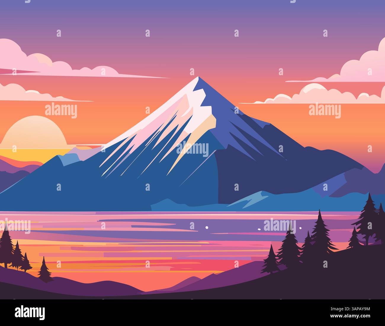 Vector landscape of majestic mountains and pine trees at sunset, with ...