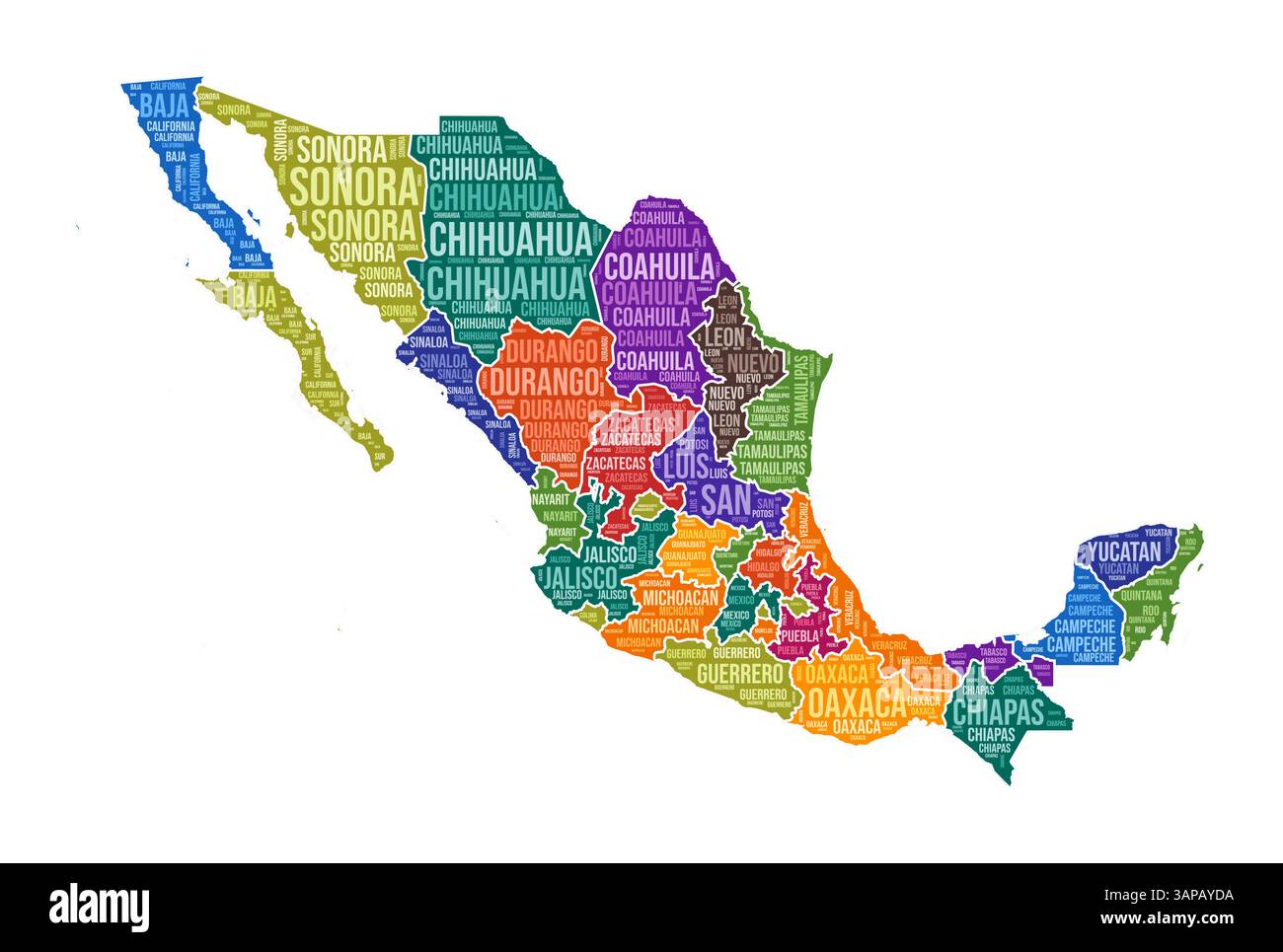 Mexico shape. Country word cloud with region division. Mexico colored ...