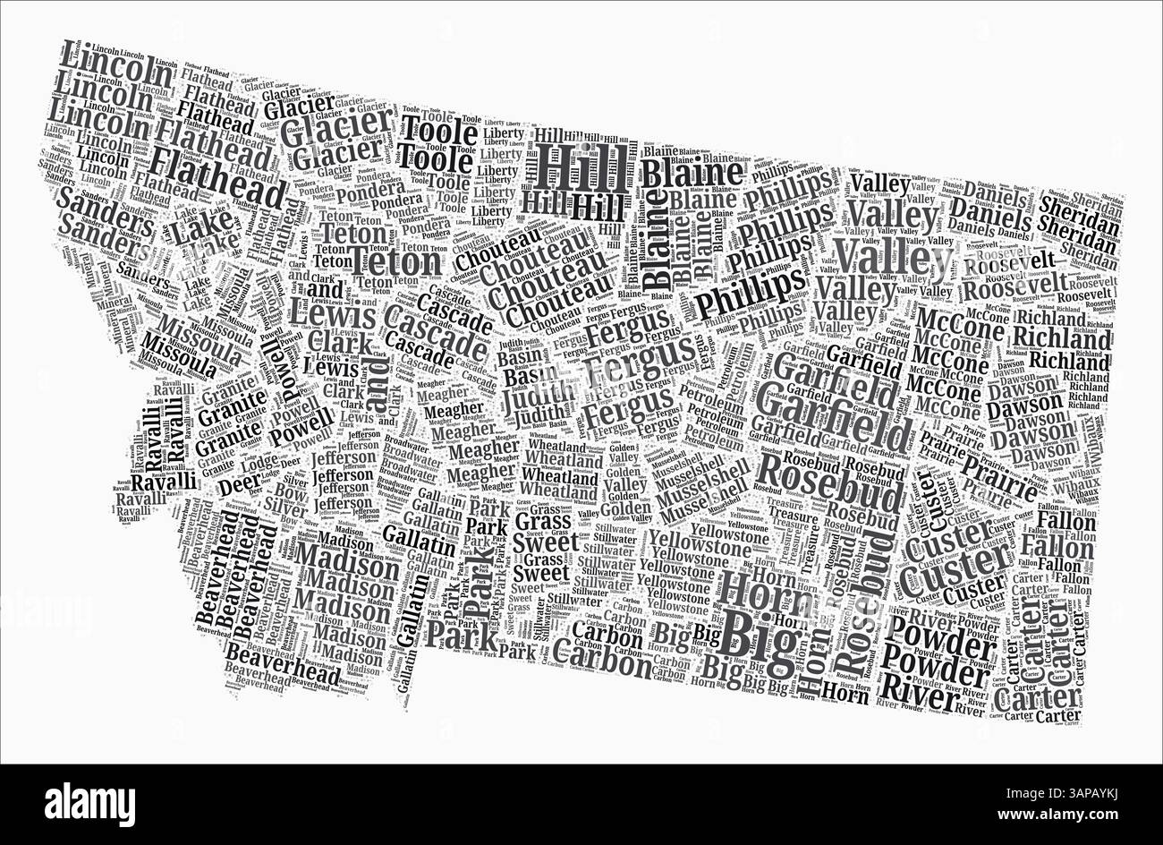 Montana text style counties. State region names word clouds in English ...