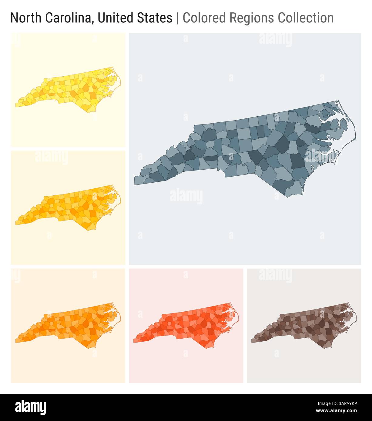 North Carolina, United States. Map collection. State shape. Colored ...