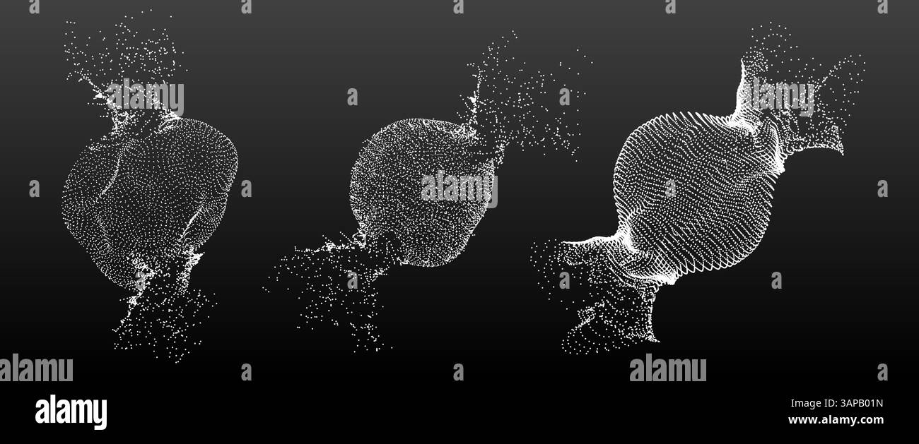 Dot sphere explosion with particle burst effect on black background ...