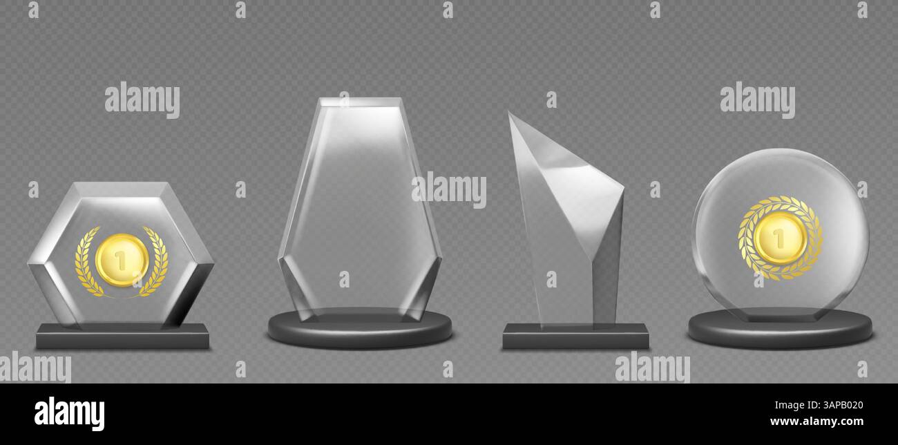 Glass award set with gold medal in center - hexagon, circle and ...