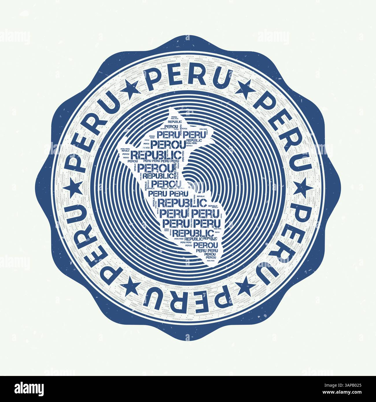 Peru seal. Country round logo with shape of Peru and country name in ...