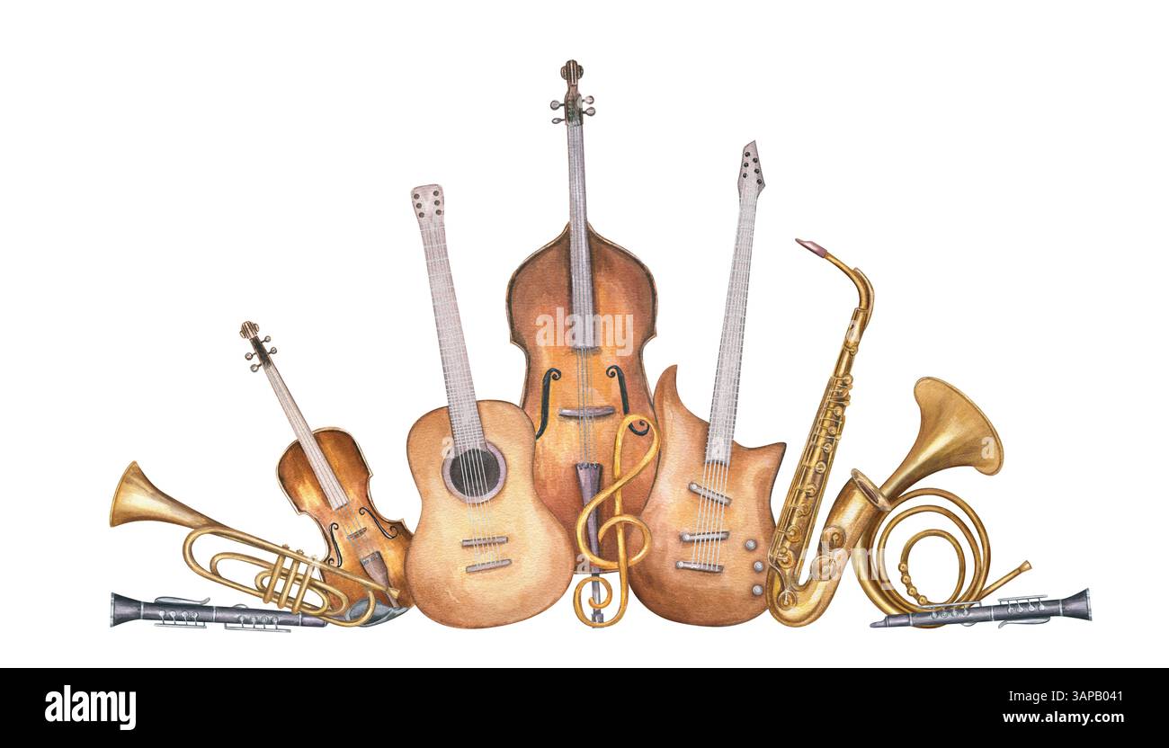 Watercolor wind and string instruments illustration isolated background ...