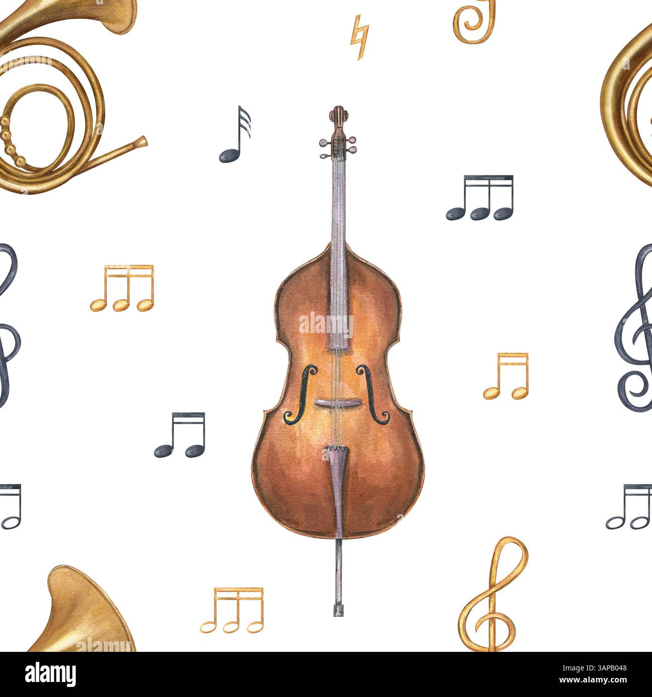 Watercolor contrabass and French horn with musical notes seamless ...