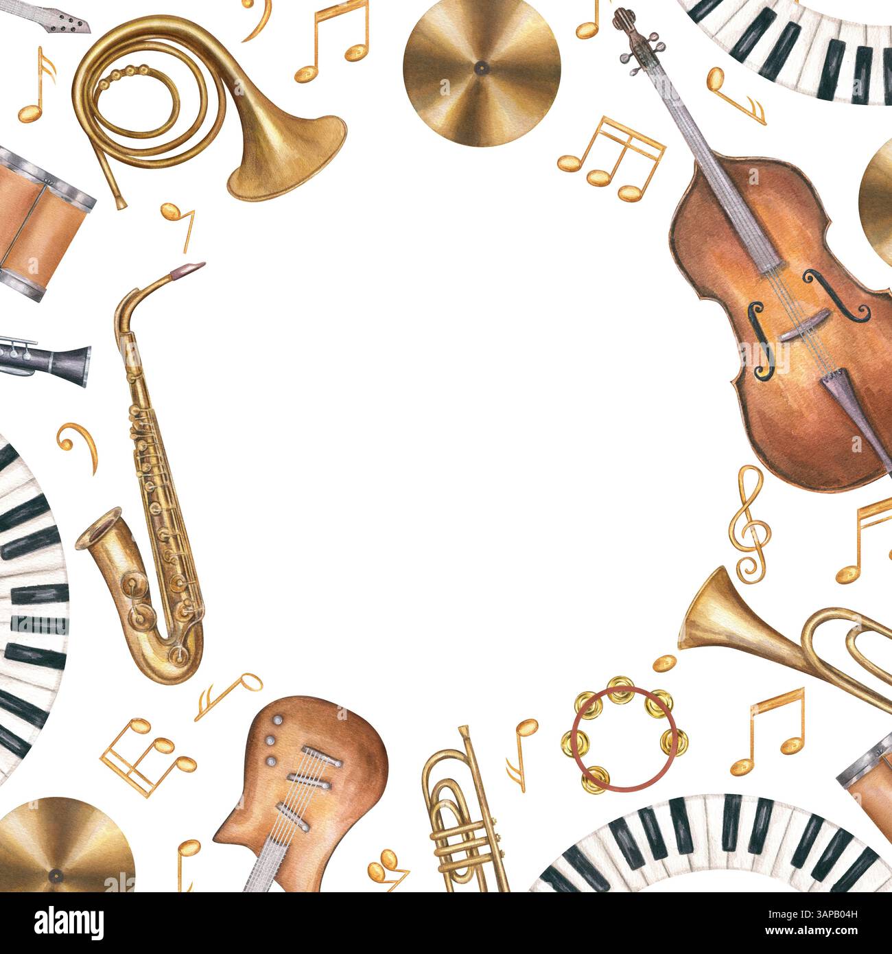 Watercolor musical instruments, music notes square frame isolated ...