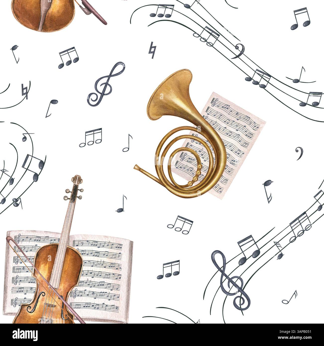 Watercolor French horn, violin with bow, music sheets and musical notes ...