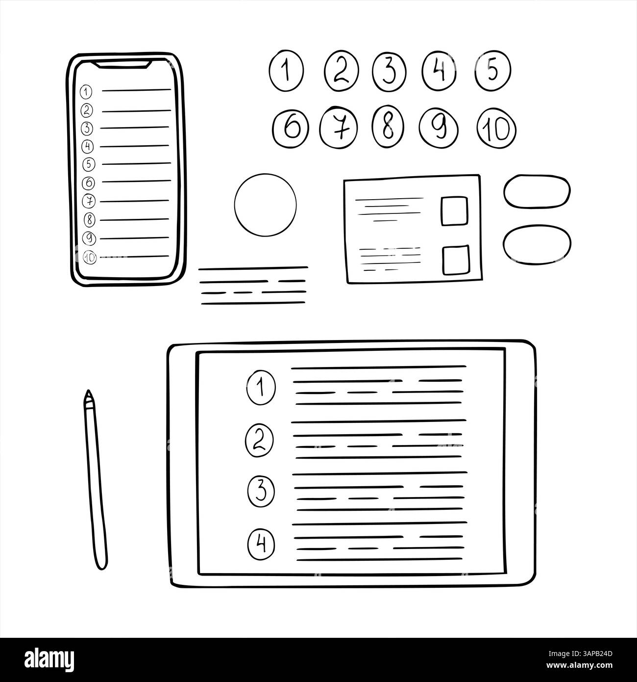 Hand drawn gadgets with planners line art black ink sketch illustration ...