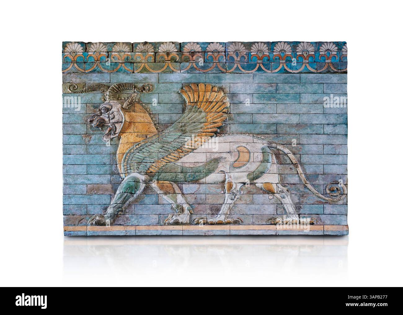 Coloured glazed terracotta tiled panels depicting mythical Griffins ...