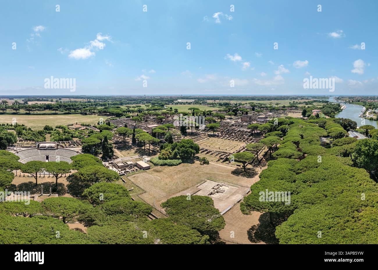 Aerial view on the Roman theatre of Ostia Antica, a large ...