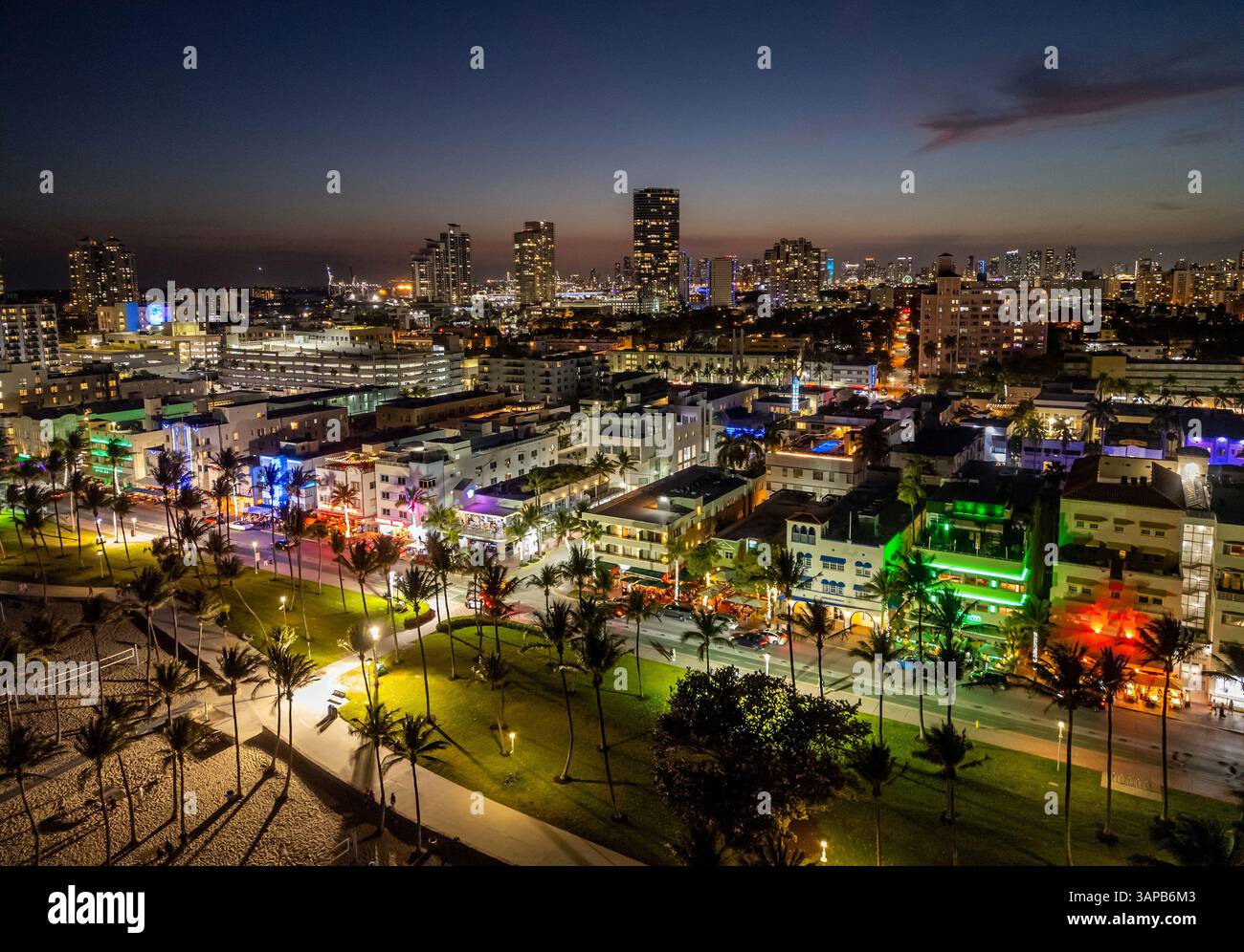 Miami skyline with ocean view. Sunset over South Florida beaches. Drone ...