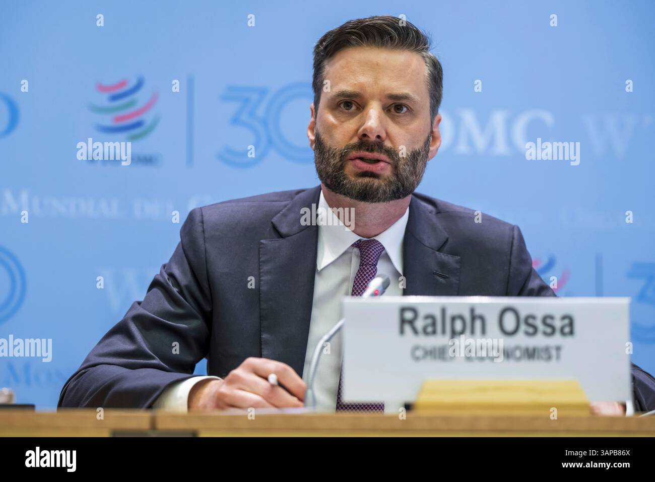 Ralph Ossa, Chief Economist at the World Trade Organization (WTO), speaks to media about this ...