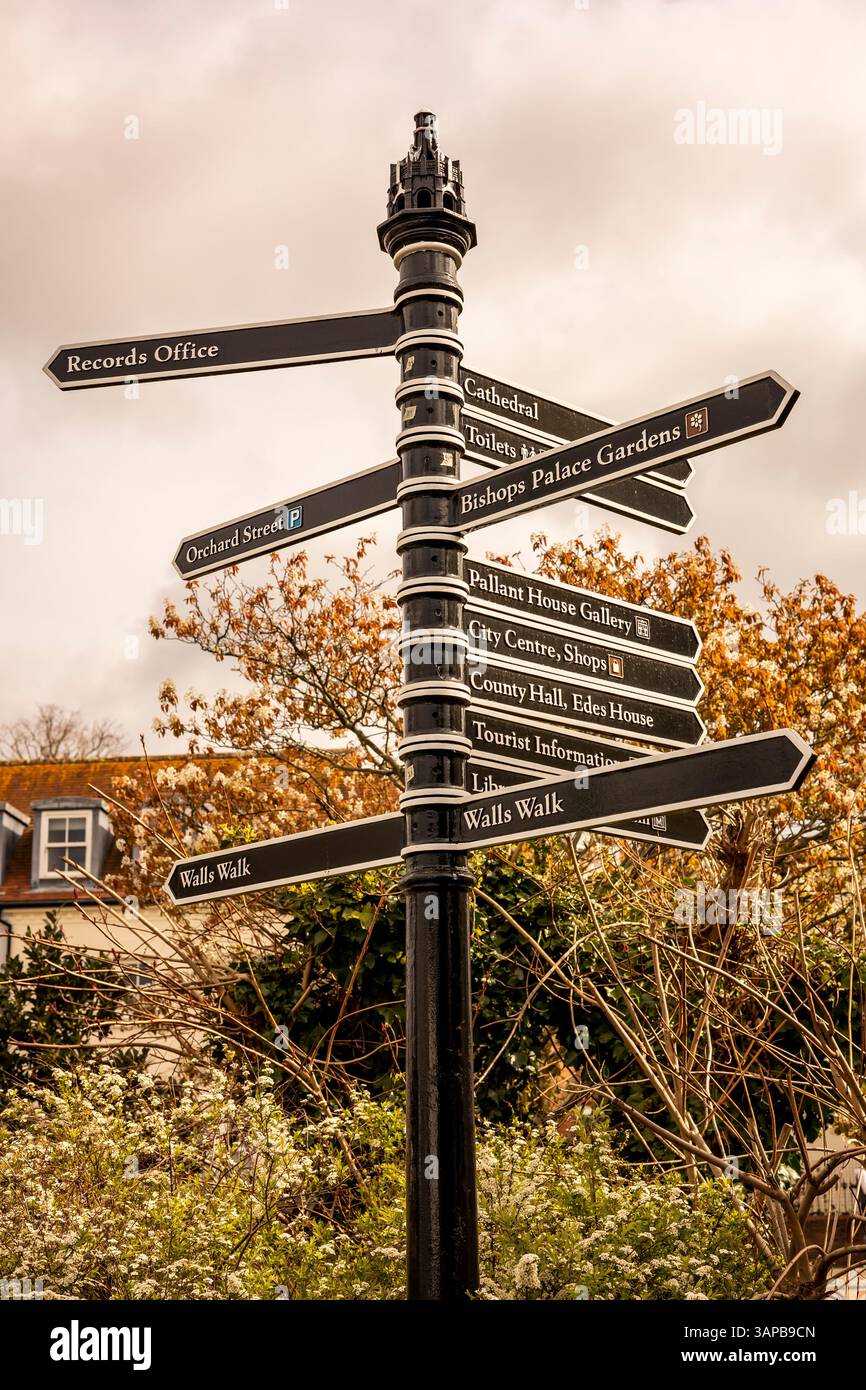 Finger post sign pole in Chichester city centre, West Sussex, UK Stock ...