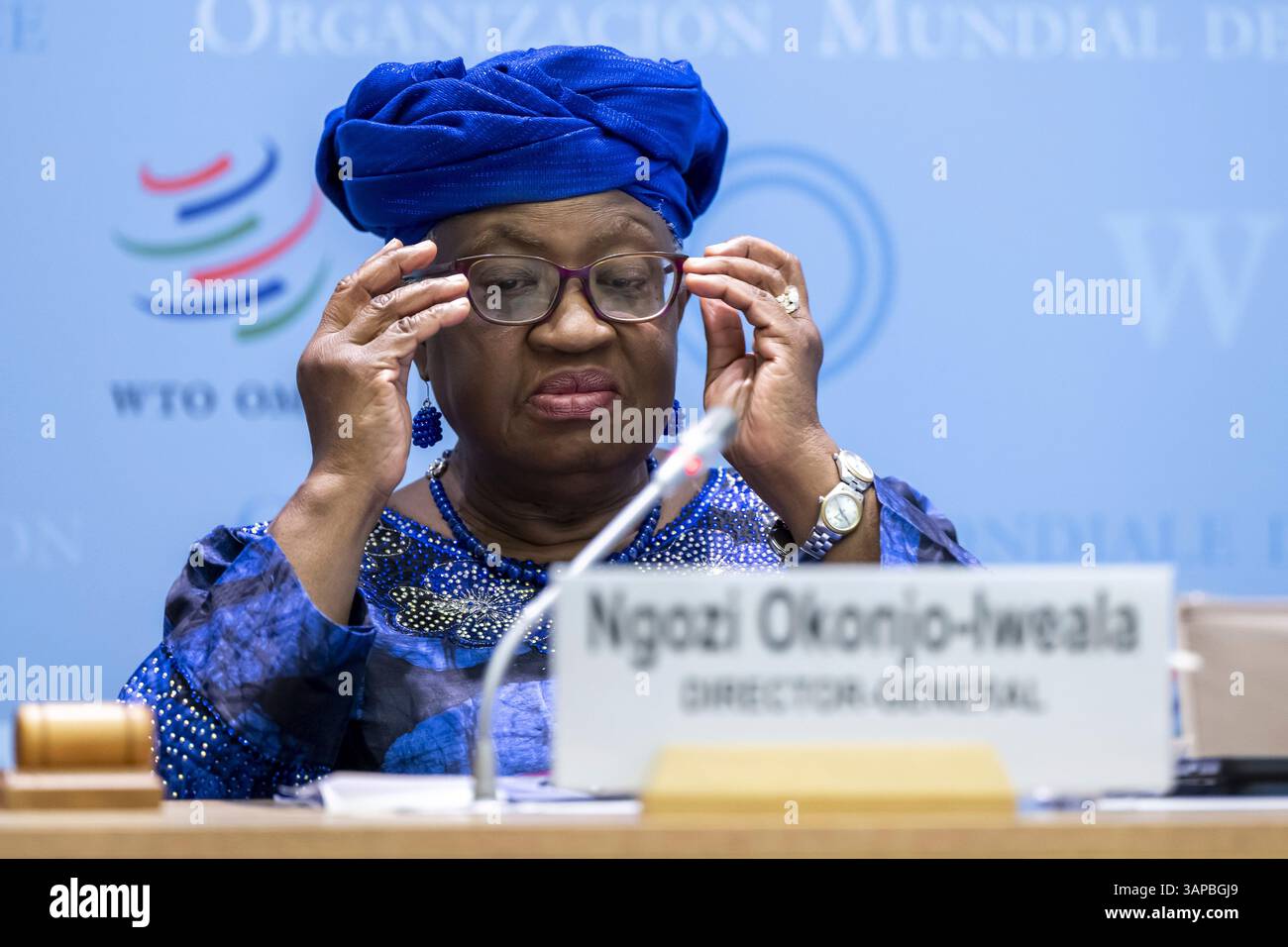 Ngozi Okonjo-Iweala, Director-General of the WTO, talks to media about this WTO's "Global Trade ...