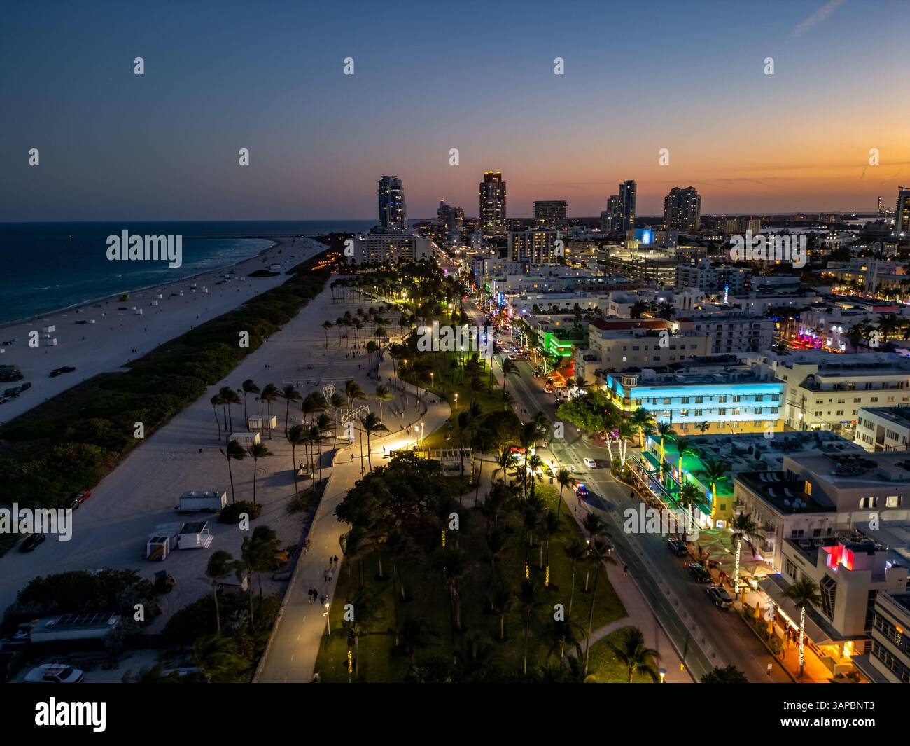 Cityscape of downtown Miami at night light. Tropical paradise in South ...