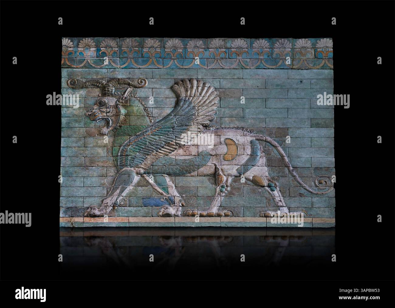 Coloured glazed terracotta tiled panels depicting mythical Griffins ...