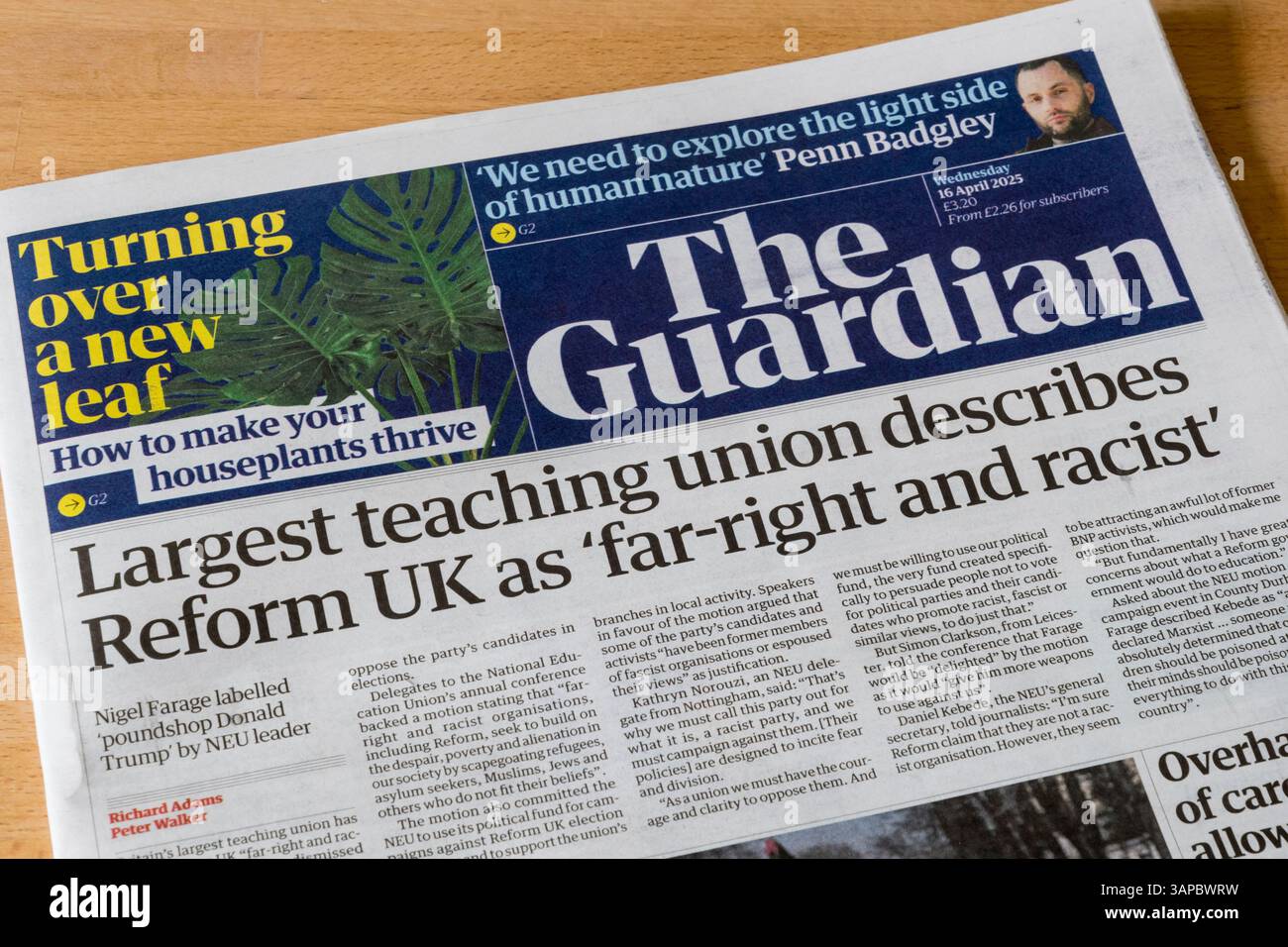 16 April 2025. Front page headline in The Guardian reads Largest ...