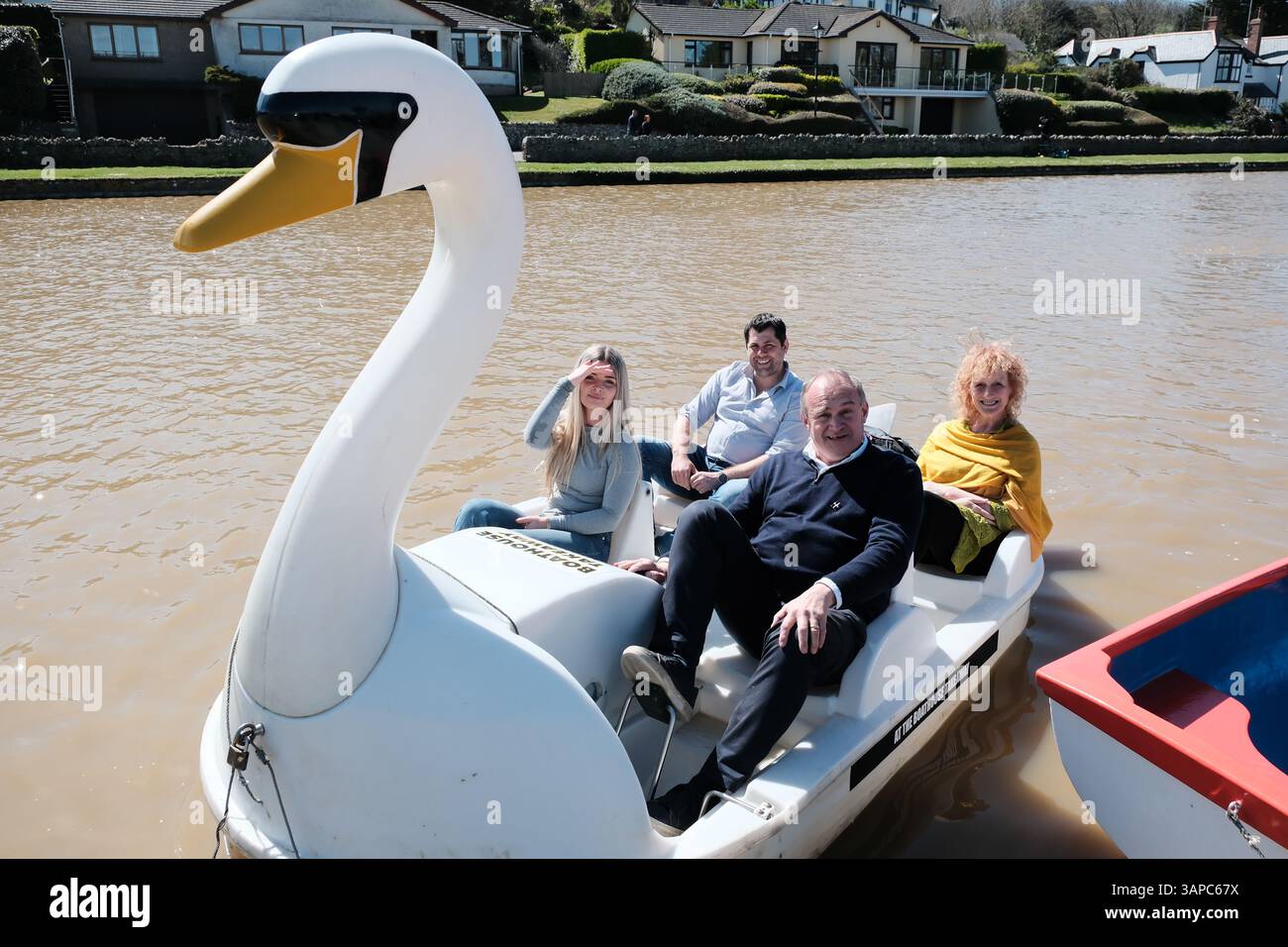 Liberal Democrats leader Sir Ed Davey in a swan pedalo on Bude Canal in ...