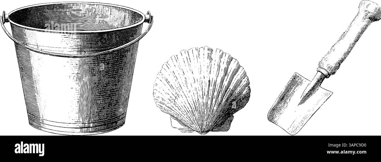 Vintage summer beach set featuring engraved beach ball, umbrella, and ...