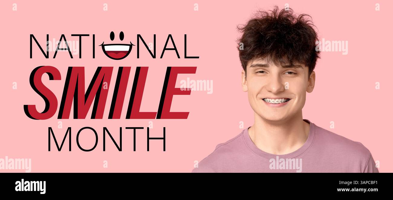 Happy young man with dental braces on pink background. Banner for ...