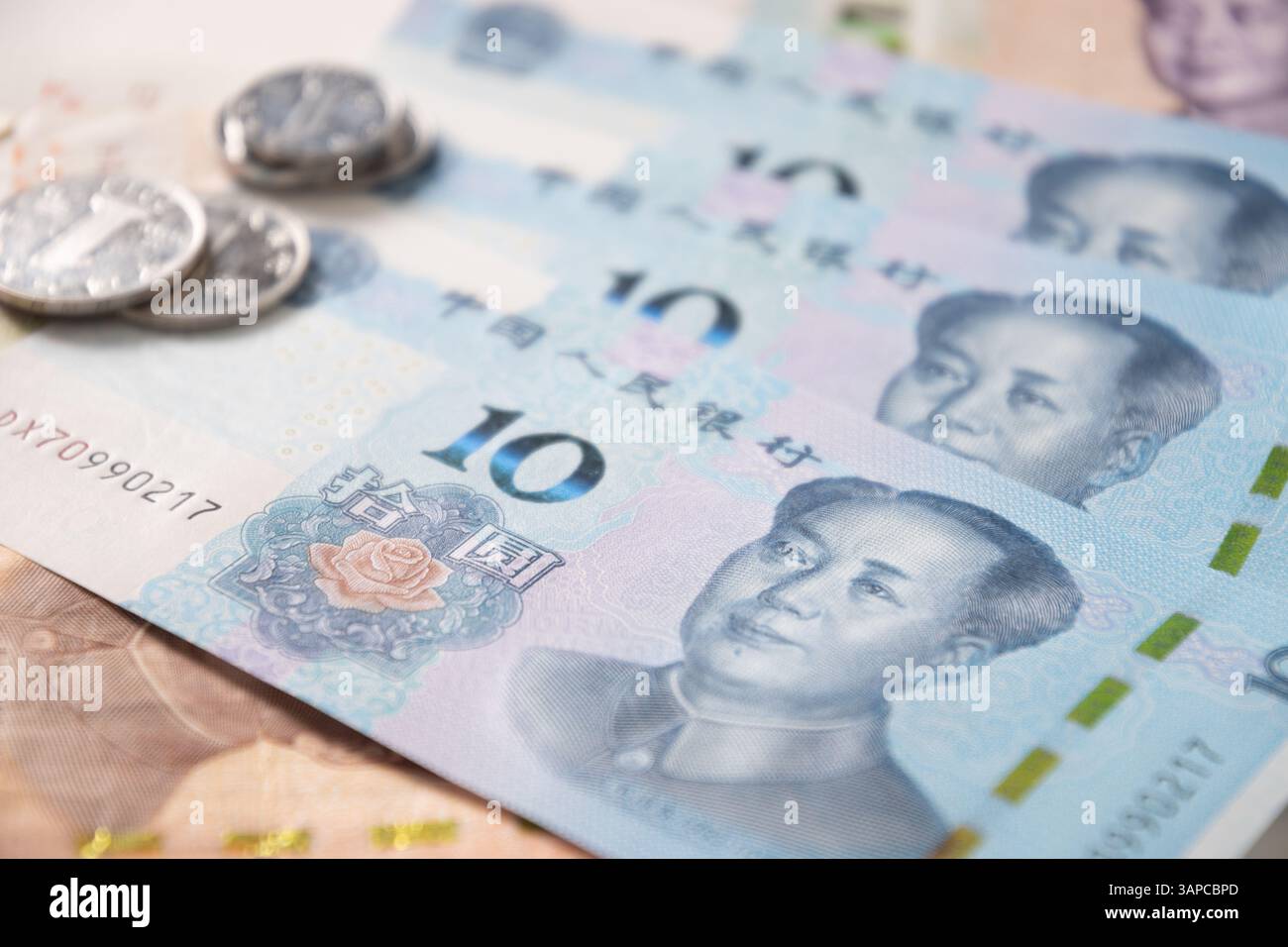 Many of different Chinese yuan banknotes. Chinese paper currency Yuan ...