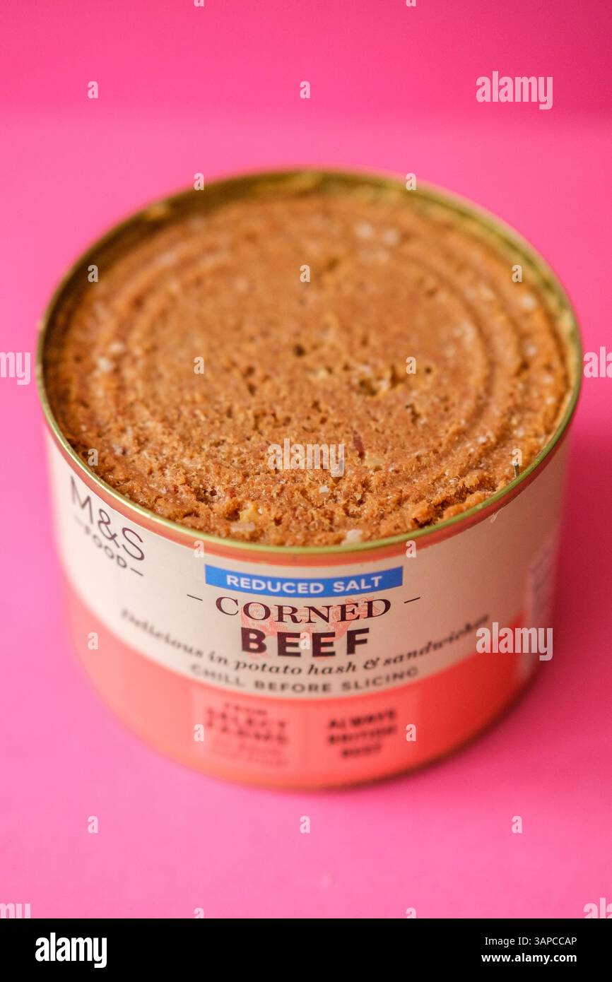 London UK, April 16 2025, Tin Of Marks and Spencer Corned Beef Stock ...