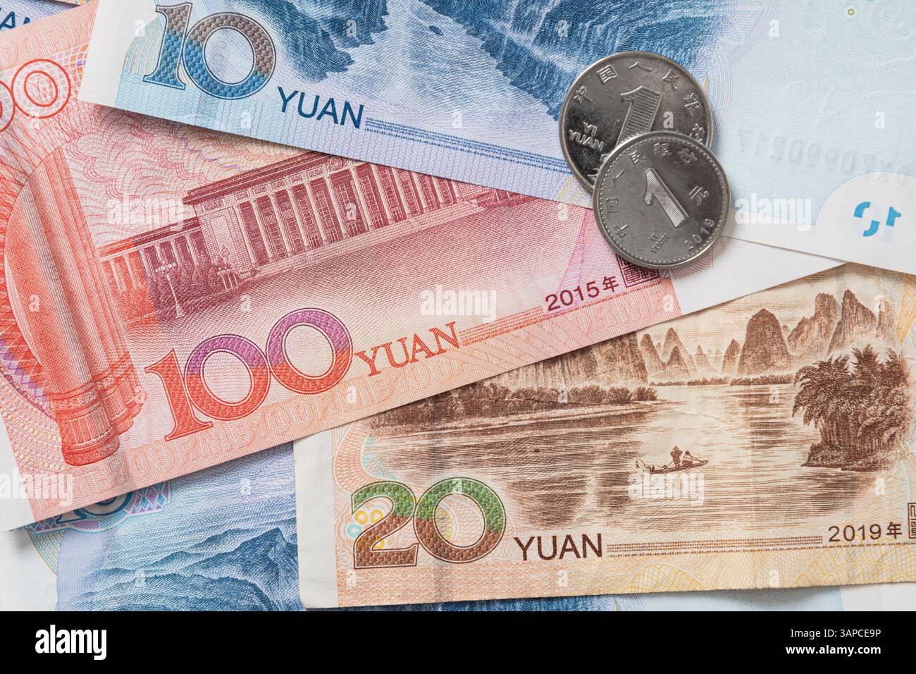 Many of different Chinese yuan banknotes. Chinese paper currency Yuan ...