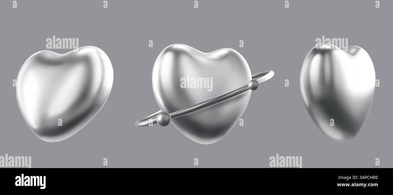 Chrome heart shapes. Glossy metallic silver love symbols, isolated ...