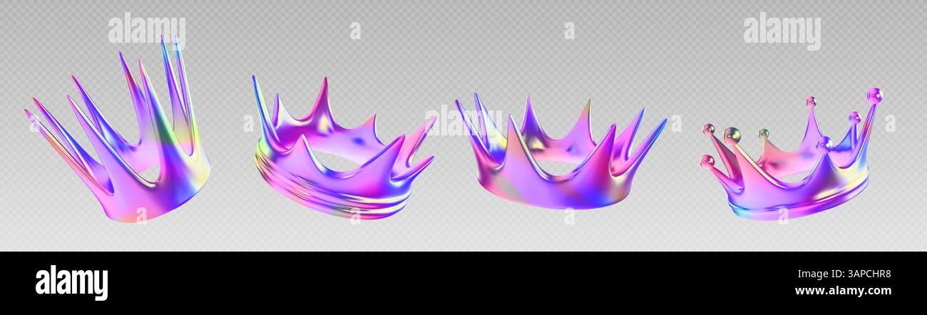 3D hologram crown set - shiny gradient purple and pink metallic colors ...