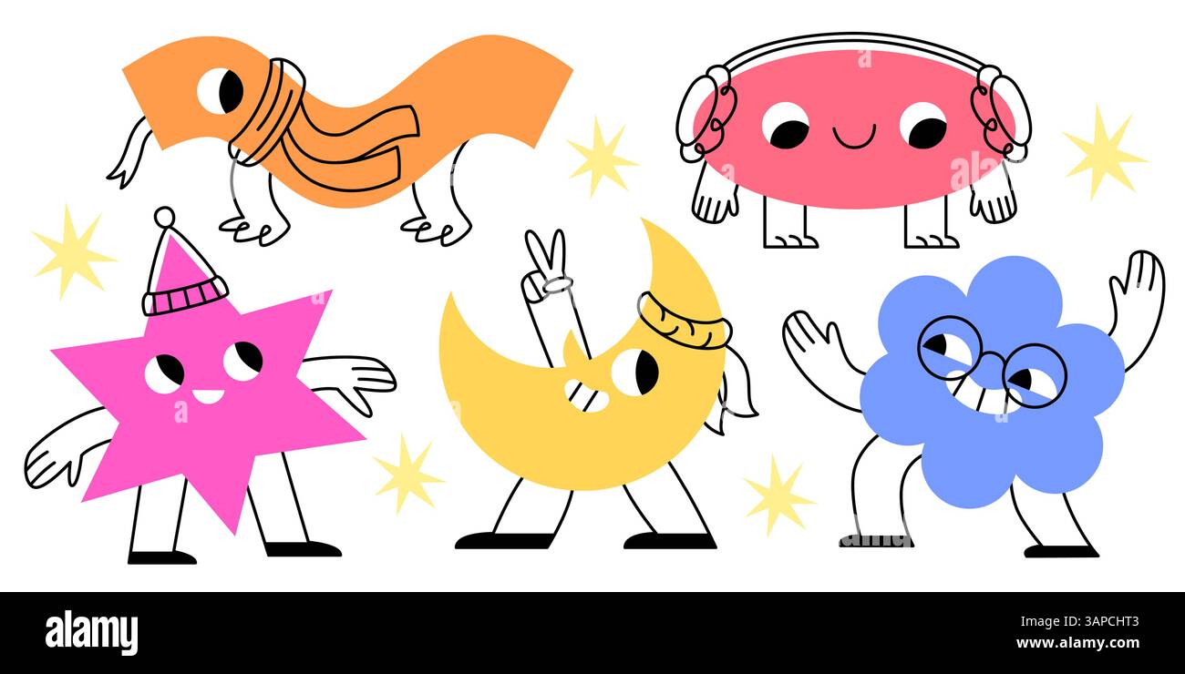 Geometric cute characters simple color geometric shapes with hands hi ...