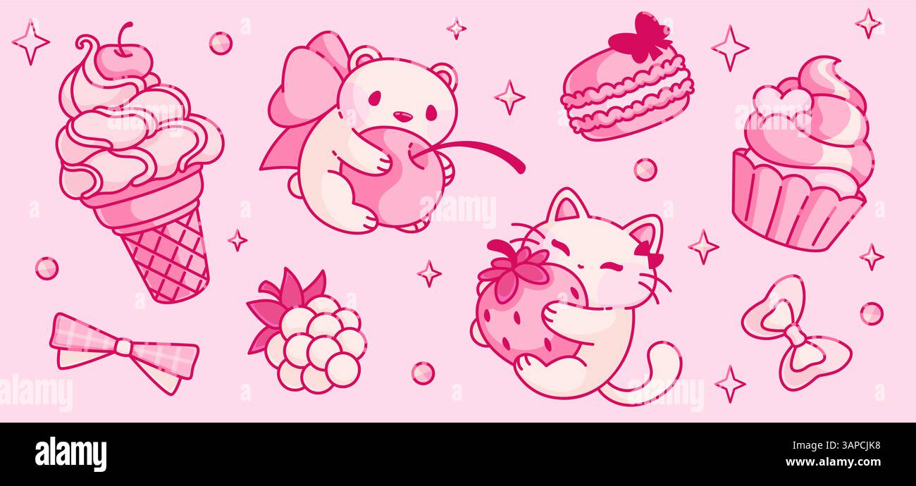 Coquette sweets and animal mascots on pink background. Vector cartoon ...