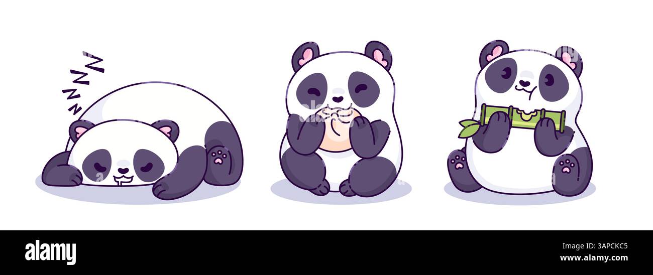 Cute kawaii panda characters set isolated on white background. Vector ...