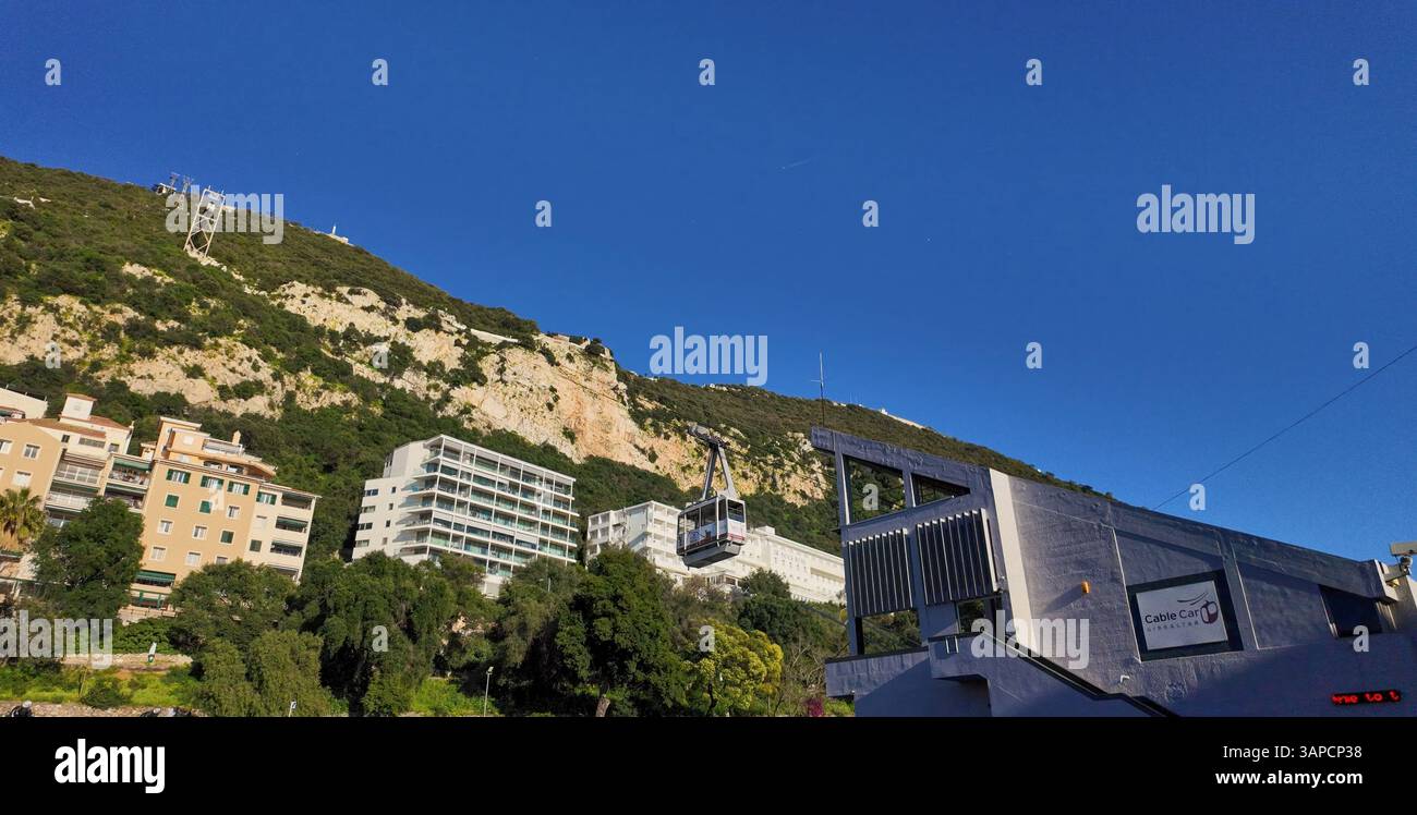 Cable car ascending the Rock of Gibraltar in a sunny summer day ...