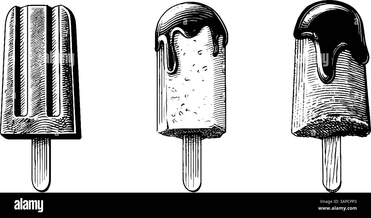 Engraved popsicle illustration set: dripping ice cream treats for ...