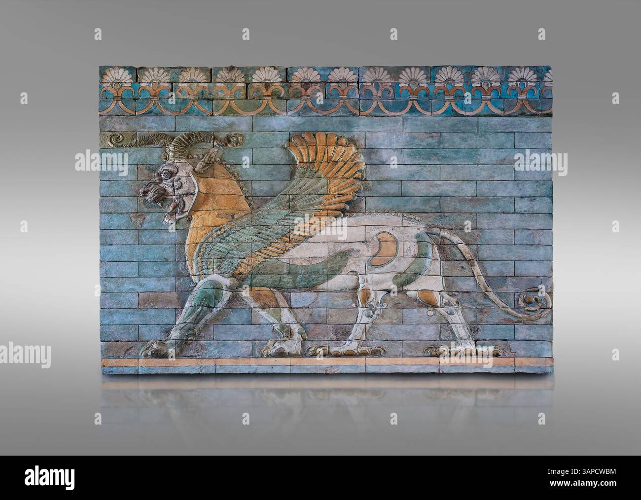 Coloured glazed terracotta tiled panels depicting mythical Griffins ...