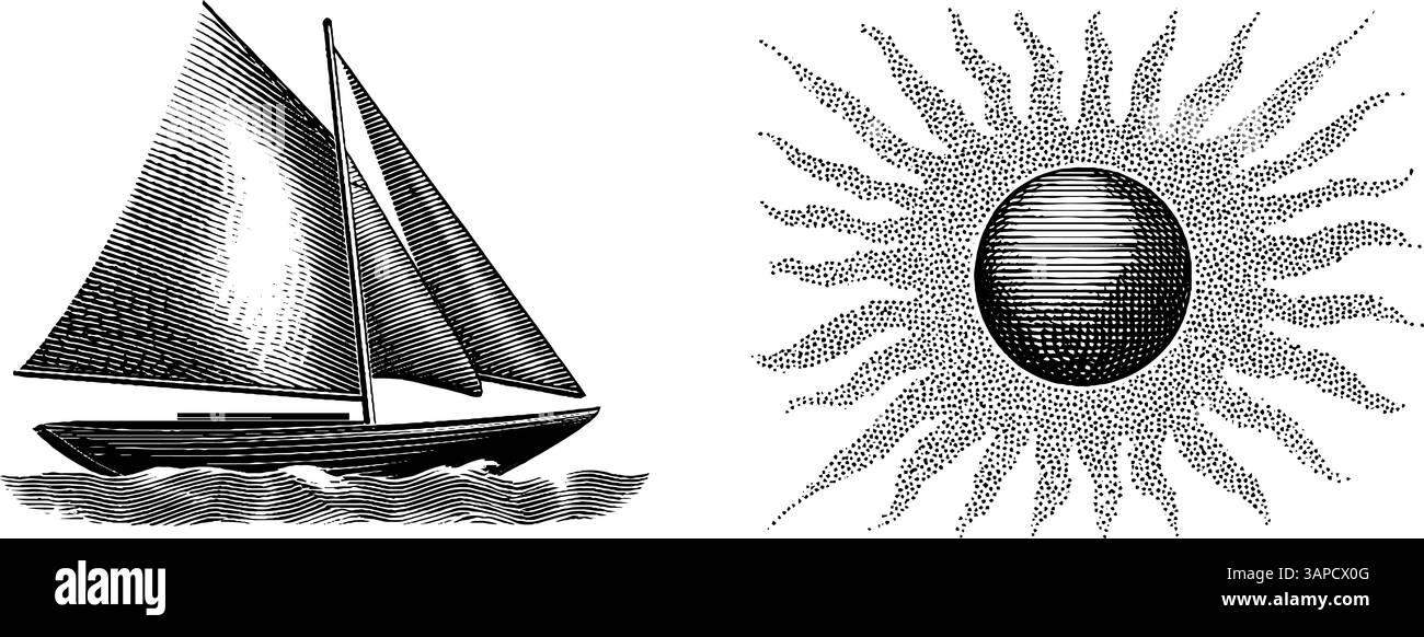 Vintage nautical engraving with sailboat and sun design for decor and ...